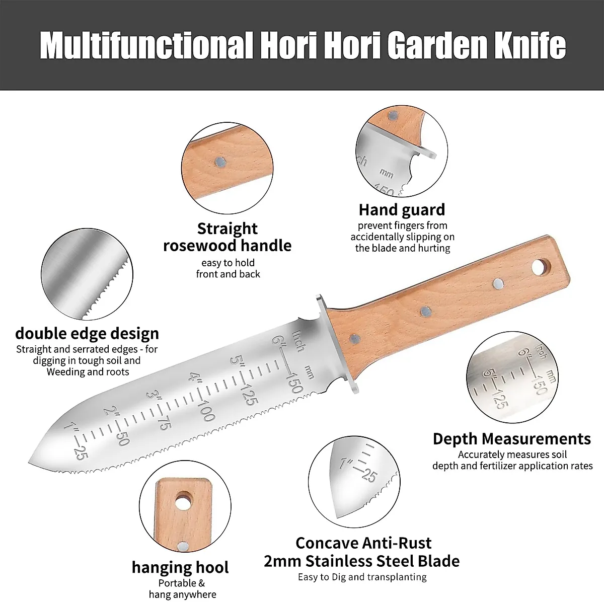 GARTOL Hori Hori Garden Knife, Garden Tools with Sheath for Weeding, Digging, Cutting and Planting, with 7" Stainless Steel Blade, Full-Tang Wood Handle with Hanging Hole and Sharpening Stone
