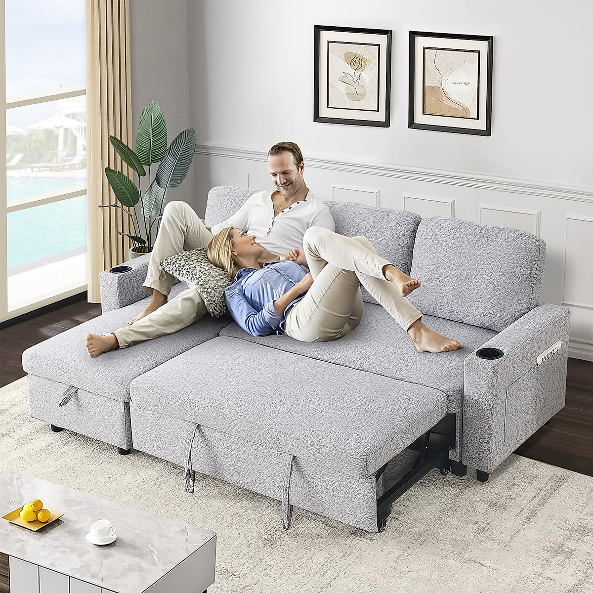 Antetek Reversible Sectional Sofa Couch with Pull-Out Bed, Modern Linen L-Shaped Sleeper Sofa Bed with Storage Chaise/Cup Holder/Side Pocket, Furniture Set for Living Room, Small Space, Light Grey