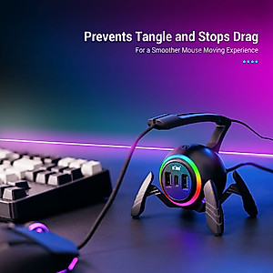 KIWIFOTOS Mouse Bungee RGB Gaming Mouse Cord Holder Controller, Upgraded Flexible Cable Management Smart RGB LED Lights 2 Port USB Hub & 1 Type-C, Spider Mouse Wire Holder