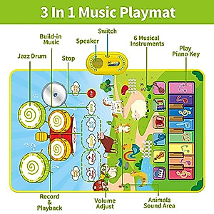 1 Year Old Boy Toys, 3 in 1 Musical Toys for Toddlers 1-3 Piano Keyboard, Drum Mat with 2 Drum Sticks, Animal Touch Play Blanket Baby Toys for 12-18 Months Birthday Gifts for 1 2 3 Year Old Boys Girls