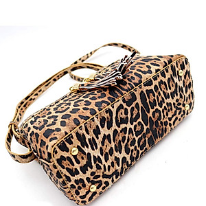 Trendeology Leopard Print Front Pocket Compartment Vegan Leather Dome Crossbody Purse Bag (Leopard3 - Tan) Medium