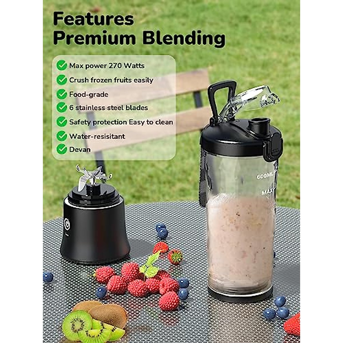 Portable Blender 20oz Large Capacity, 6 Blades Mini Blender for Shakes and Smoothies, BPA Free Personal Blender with Rechargeable USB, Fresh Juice Blender for On the Go, Black