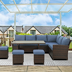 Wisteria Lane Patio Furniture Set, 7 Piece High Curved Back Outdoor Dining Sectional Sofa with Dining Table and Chair, All Weather Wicker Conversation Set with Ottoman, Blue