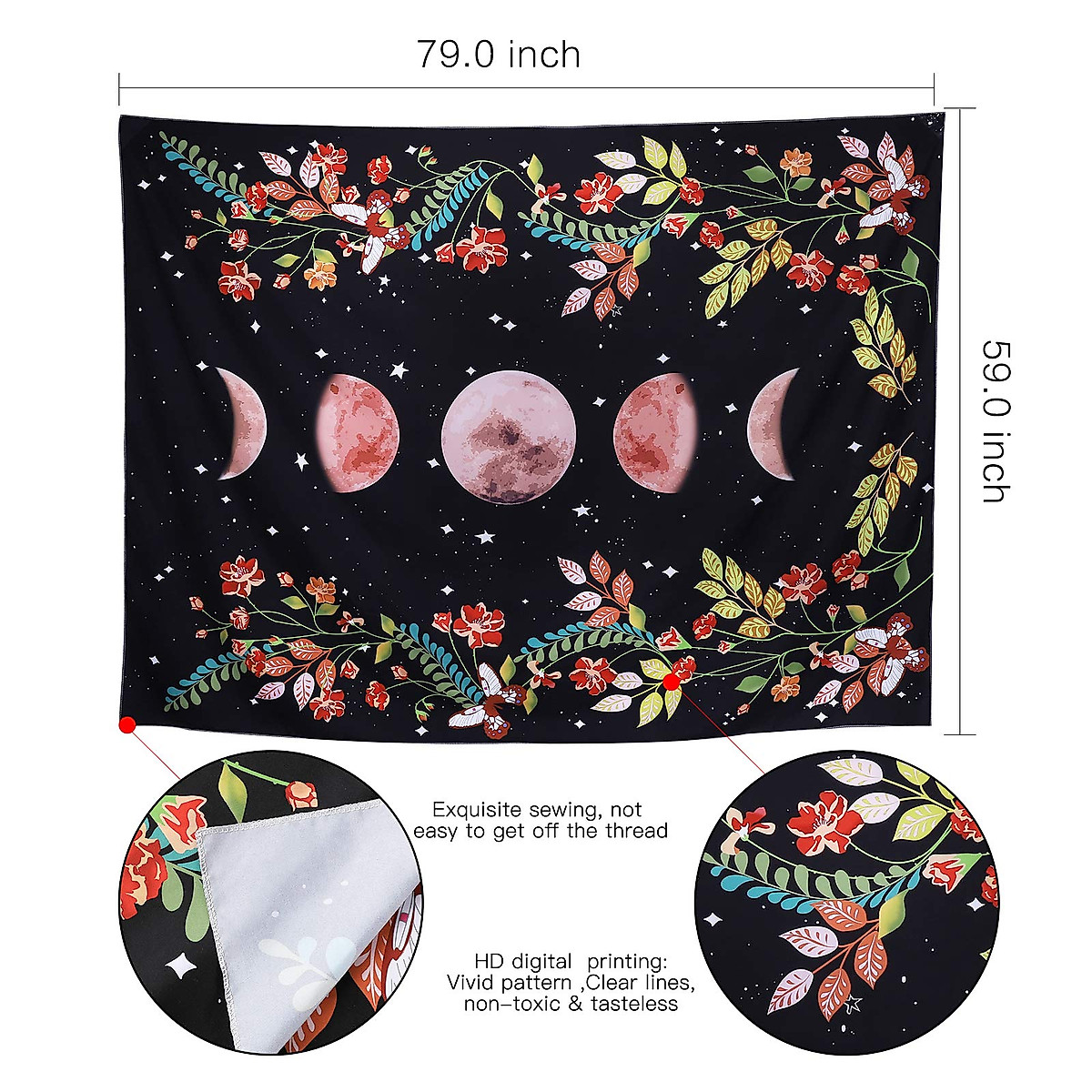 Moonlit Garden Tapestry Boho Wall Tapestry Aesthetic Moon Phase Tapestries with Flower Mandala Wall Hanging Black Wall Decor for Room(59 x 79 inches)