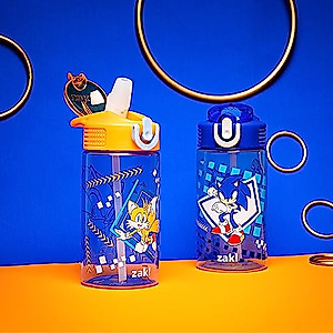 Zak Designs Sonic the Hedgehog Kids Water Bottle For School or Travel, 16oz 2-Pack Durable Plastic Water Bottle With Straw, Handle, and Leak-Proof, Pop-Up Spout Cover (Sonic, Tails)