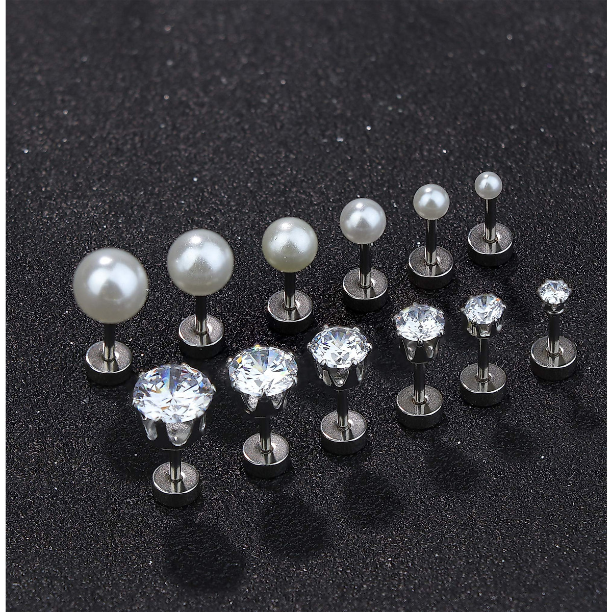 Jstyle 12Pairs Stainless Steel Round Clear Cubic Zirconia Pearl Stud Earring for Women CZ Earrings 3-8MM