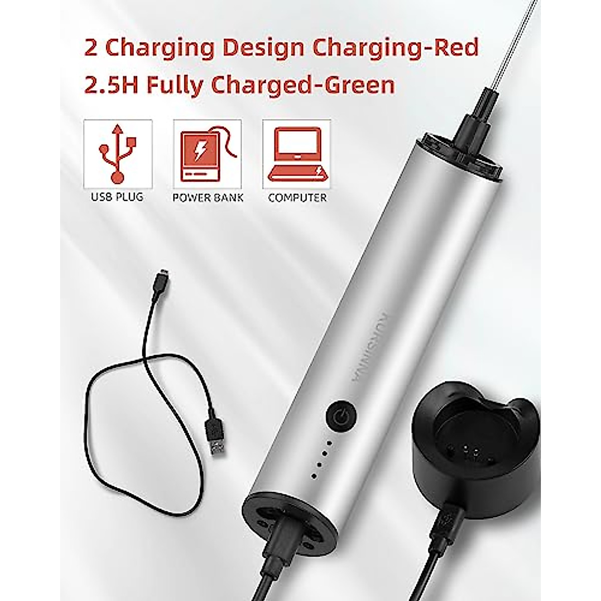 KURSINNA Electric Rechargeable Milk Frother Handheld, USB-Charge Hand Frother with 2 Stainless Whisks, Manual Foam Maker for Coffee Lattes, Matcha, Cappuccino (3 Speed with USB Charge)