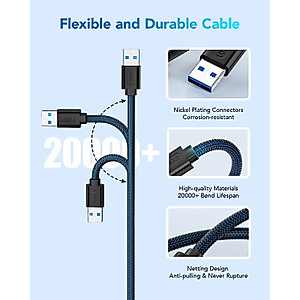 ANDTOBO USB 3.0 A to A Male Cable 6.6 FT, USB 3.0 Male to Male Cable Double End USB Cord Compatible with Hard Drive Enclosures DVD Player Laptop Cooler - Blue