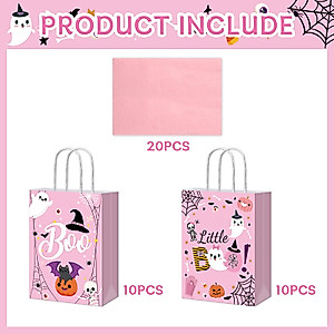 HABDJILTY 20PCS Pink Halloween Party Gift Bags,Little Boo Halloween Candy Treat Bags with Tissue Paper for Boo Theme Birthday Baby Shower Party Favor Supplies Gifts.