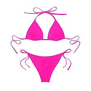 Tempt Me Hot Pink Women Triangle Bikini Sets String Halter Bathing Suits Sexy Two Piece Swimsuits Tie Side Bottom M