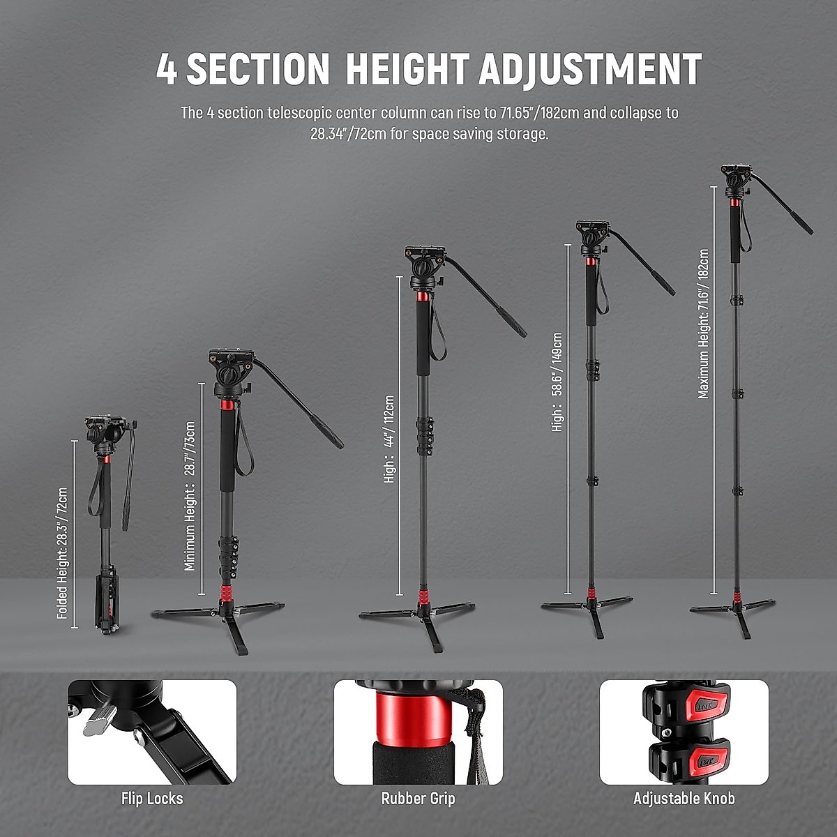 NEEWER 71.6" Pro Camera Monopod with Feet, Carbon Fiber Telescopic Video Monopod with QR Plate Compatible with DJI RS Gimbals Manfrotto, Removable Base for Camera Camcorder, Max Load 13.2lb/6Kg, TP71