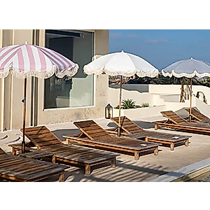 Funsite 6.5ft Boho Beach Umbrella with Fringe, UPF 50+ Tassel Umbrellas with Carry Bag, Premium Wood Pole Foldable Patio Umbrella for Outdoor Holiday Garden Lawn Pool Yard Table, Pink Stripe