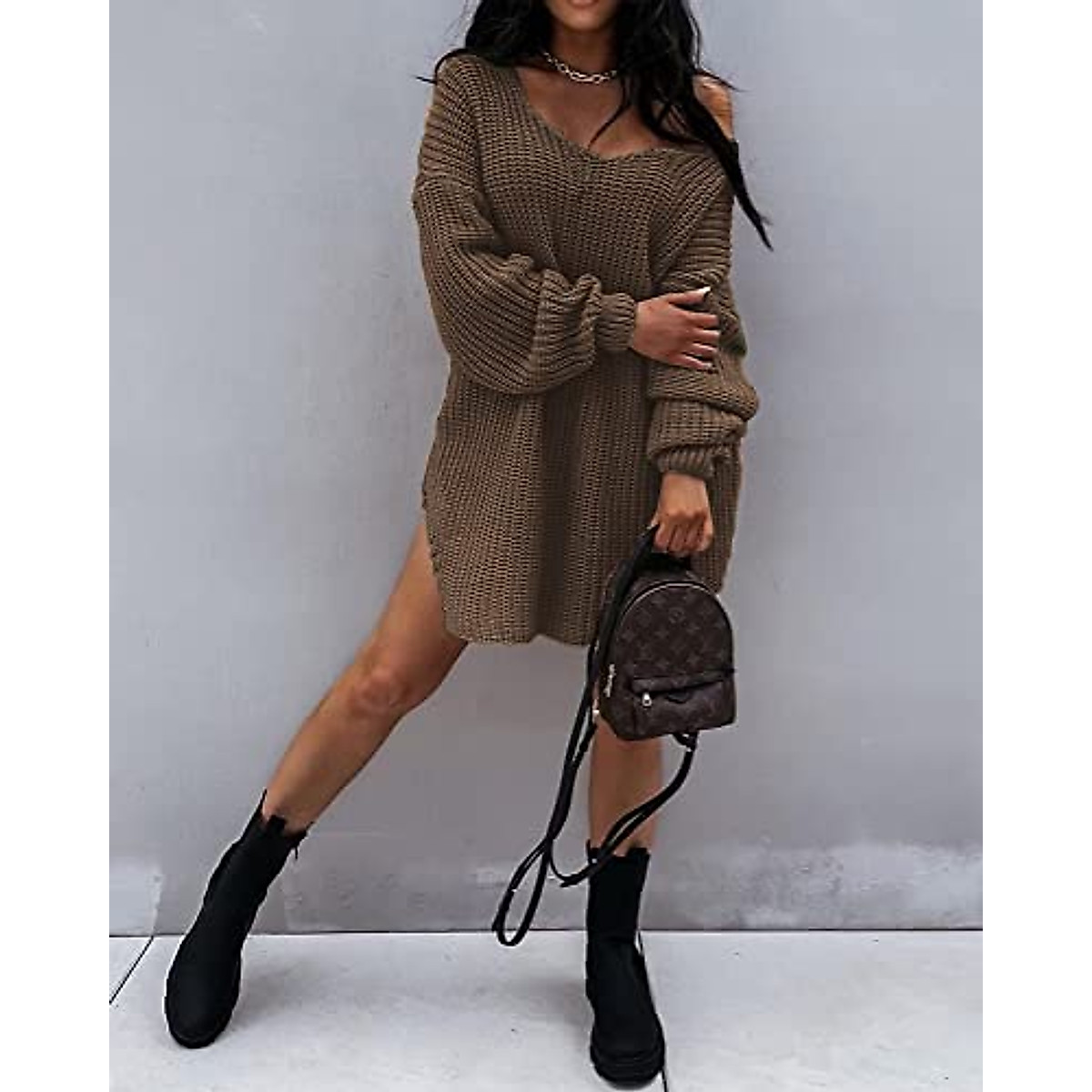 NOLLSOM Women Casual Long Sleeve Relaxed Fit Long Pullover Off Shoulder Solid Ribbed Knit Sweater Jumper Fall Winter(Solid Brown,Large)
