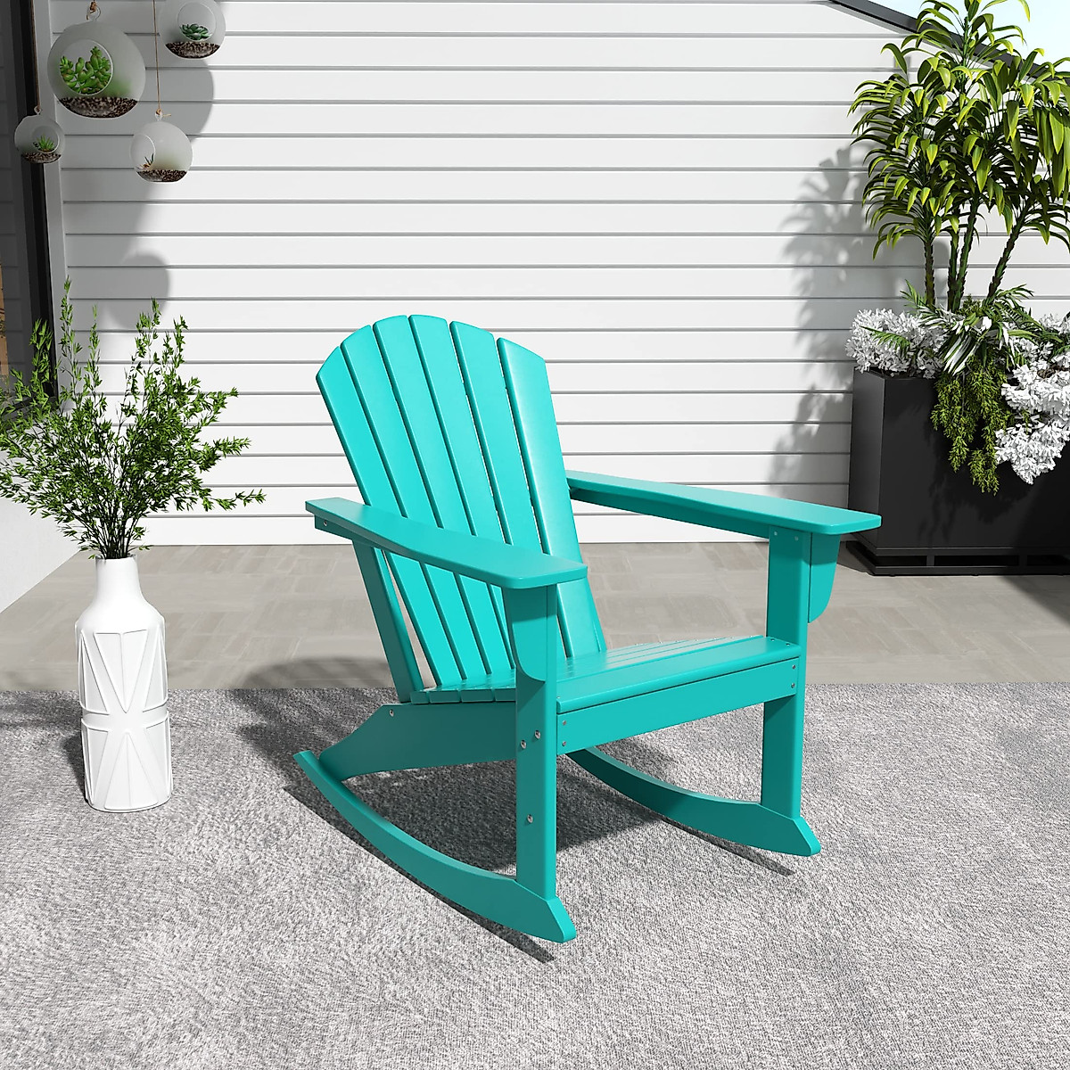 WestinTrends Dylan Outdoor Rocking Chair, All Weather Poly Lumber Seashell Adirondack Rocker Chair, 350 Lbs Support Patio Rocking Chairs for Porch Garden Backyard and Indoor, Turquoise
