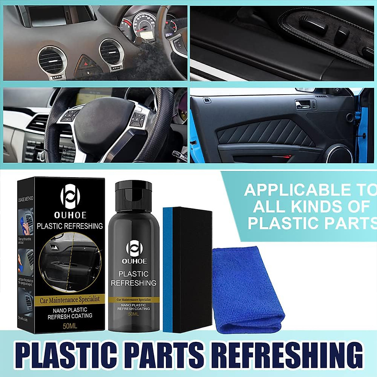 Ouhoe Plastic Refreshing, Premium Plastic Refreshing, Car Plastic Parts Refurbish Agent, Plastic Restorer for Cars, Ultimate Plastic Renovator Kit (50ml 3pcs)