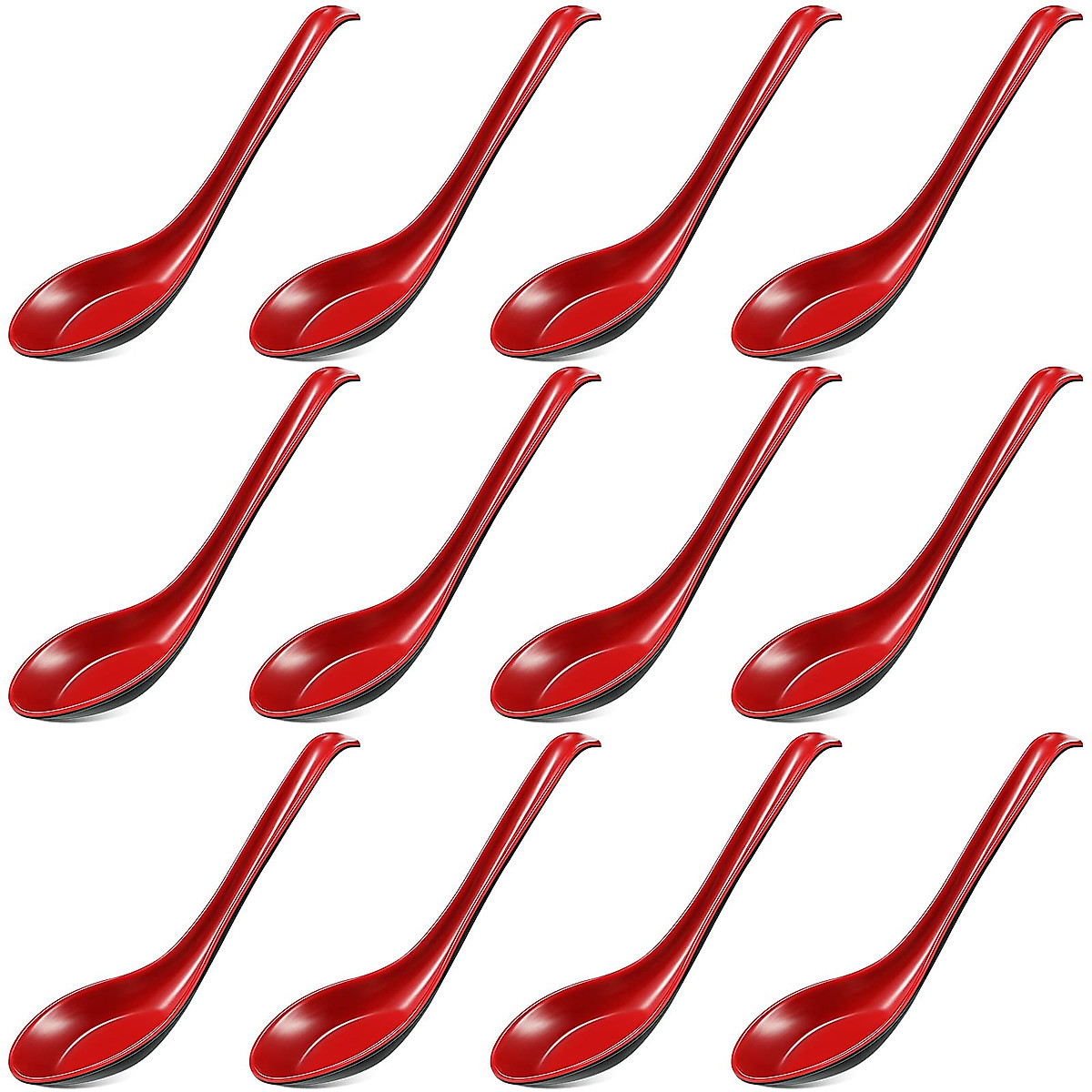 12 Pieces Asian Soup Spoons Hook Soba Noodle Soup Spoons Chinese Won Ton Soup Spoon Asian Red and Black for Home and Kitchen