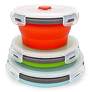 CARTINTS Round Collapsible Bowls with Lids, Reusable Silicone Food Storage Containers, 3Pack 500-800-1200ML, Stackable Space Saving, Microwave and Freezer Safe, Meal Prep Container