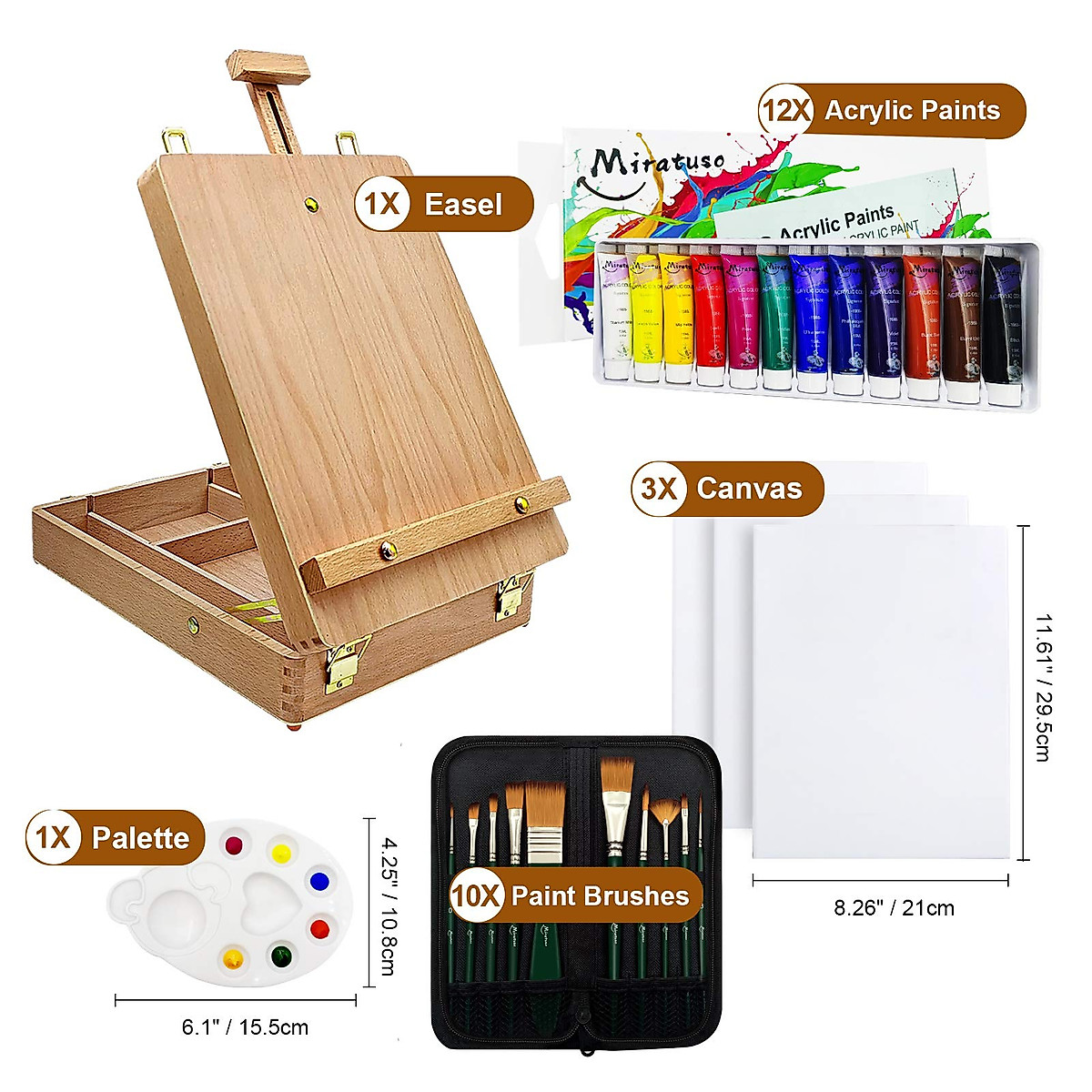 Deluxe Art Supplies 27 Pieces Art Set with Tabletop Easel, 12 Colors Acrylic Paint, 10 Paint Brushes, 3 Canvas Panels, Palettes