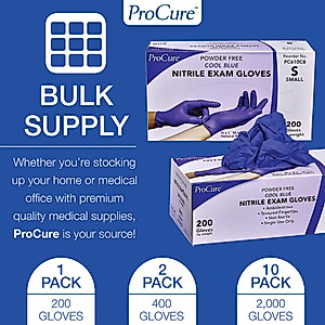 ProCure [200 Count Disposable Nitrile Gloves X-Large - Powder Free, Rubber Latex Free, Medical Exam Grade, Non Sterile, Ambidextrous - Soft with Textured Tips - Cool Blue