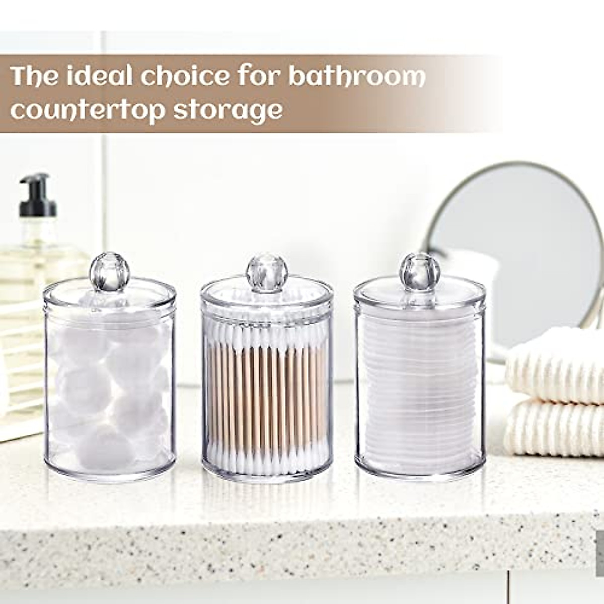 5Pcs Acrylic Cotton Pad Holder, FHDUSRYO Q-Tips Cotton Swab Dispenser Apothecary Jar with Lid, Bathroom Cotton Wool Bud Organizer Clear Makeup Container for Vanity Storage Cotton Ball Cosmetic Pads Floss