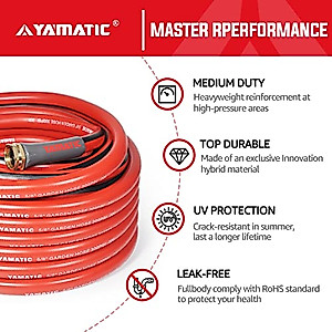 YAMATIC Garden Hose 50 ft,Ultra Durable Water Hose, 5/8 inch Premium Hose with Solid Brass Connector for All-Weather Outdoor, Car wash, Lawn, Red
