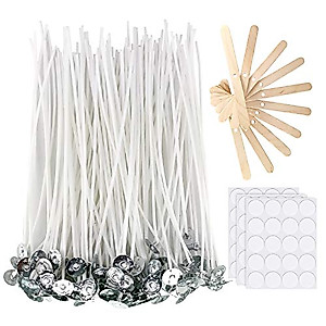 Candle Wicks 100 Pcs 6 inch with 30Pcs Candle Wick Stickers and 10 Pcs Wooden Candle Wick Centering Device for Soy Beeswax Candle Making and Candle DIY