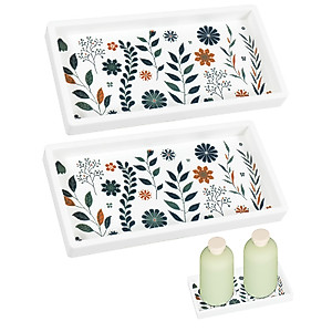 2PCS Bathroom Vanity Tray, 7.9” Silicone Floral Pattern, Elegant Organizer for Kitchen Countertop, Bedside, Toiletries, Soap Dispenser, Jewelries, Perfume, Dishwasher Safe, Kauai Sun™ (White Floral)
