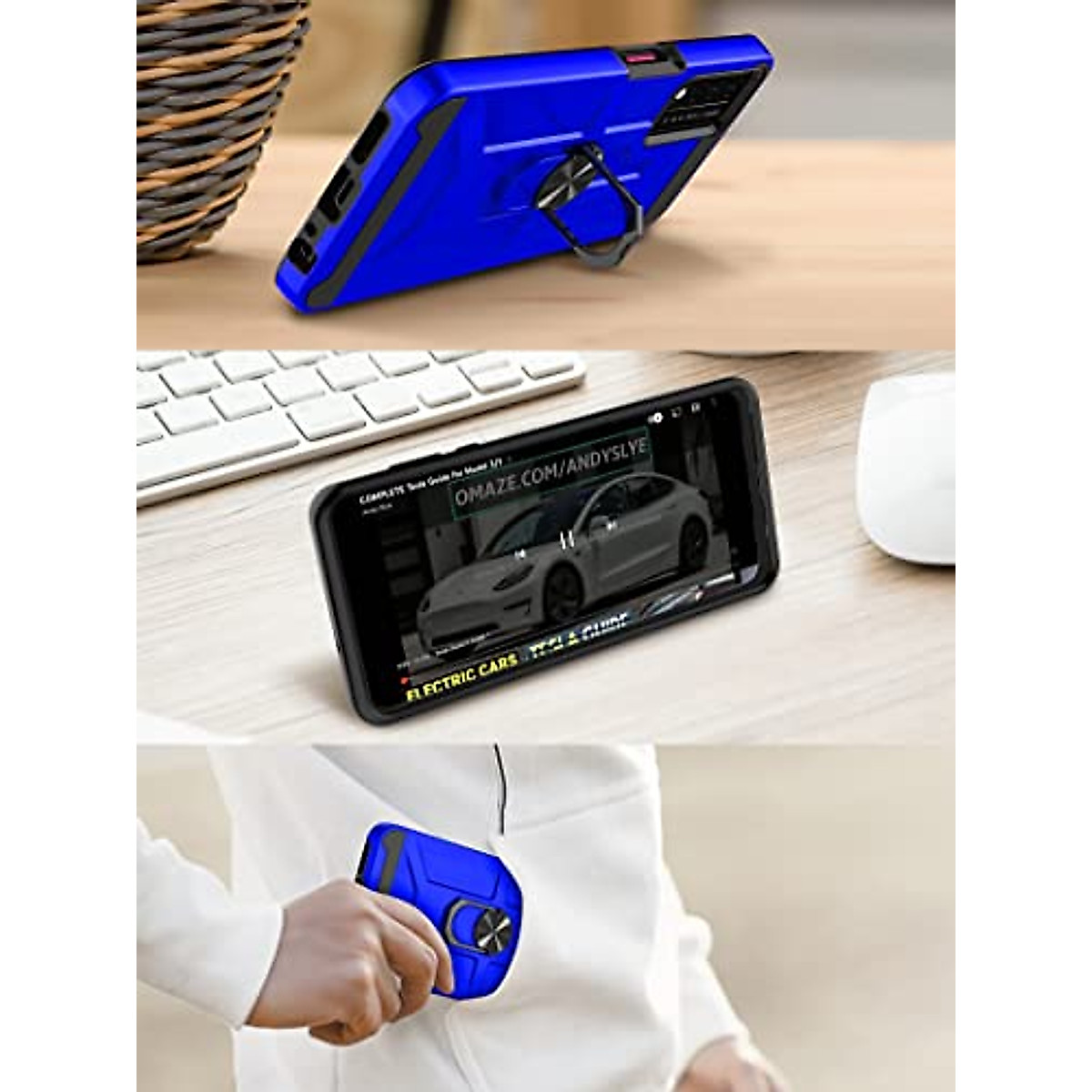 T-Mobile Revvl V+ 5G Cover, Revvl V+ 5G Case with [3X Tempered Glass Screen Protector], Built-in Ring Kickstand and Magnetic Car Mount Shockproof Dropproof Armor Case for TCL REVVL V+ 5G - Klein Blue