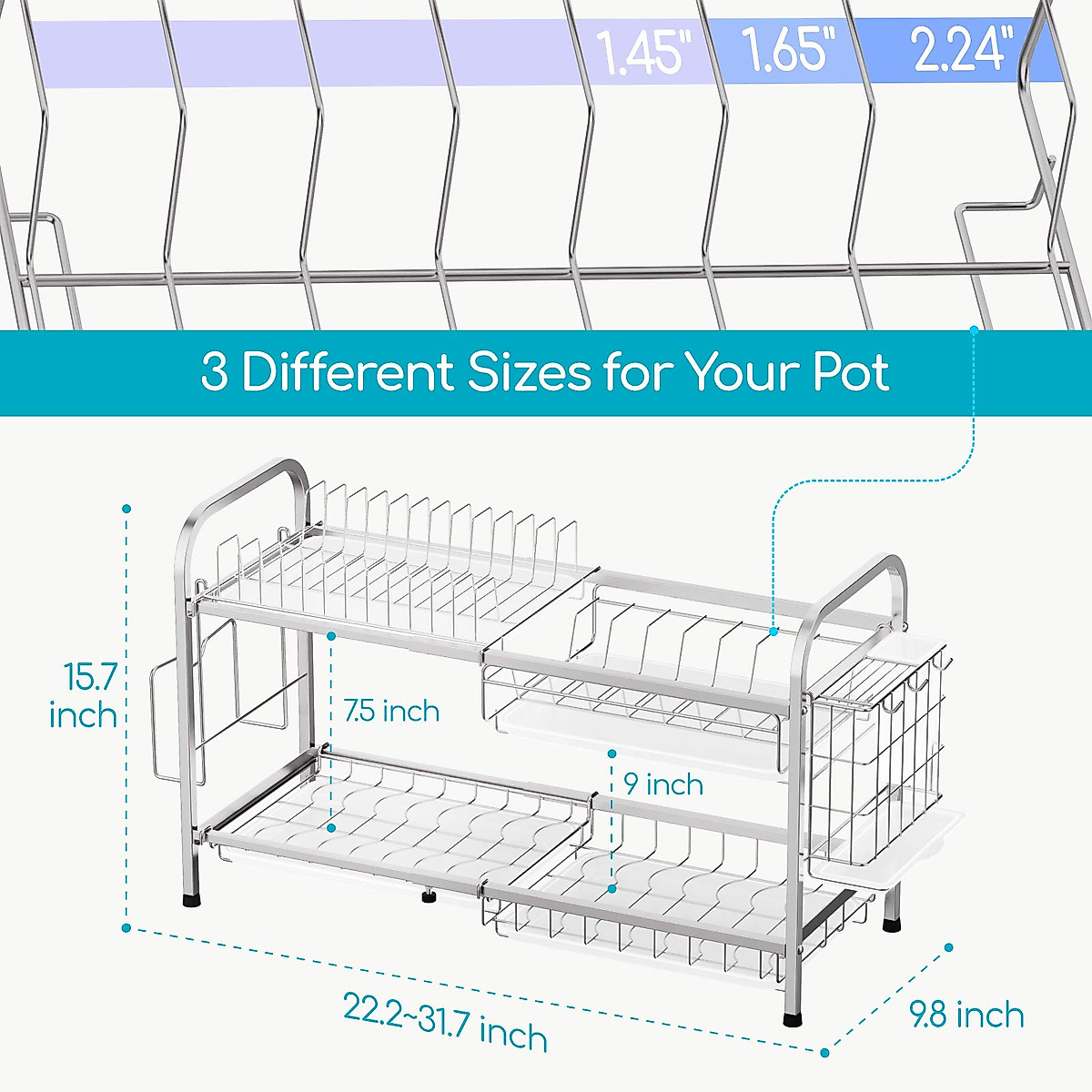 iSPECLE Dish Drying Rack, Expandable 2 Tier Extra Large Dish Rack for Pot and Pan Stainless Steel Pan Rack with Pot Holder Drain Board Utensil Holder for Kitchen Countertop, Silver