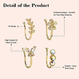 CrazyPiercing 18Pcs Fake Nose Ring CZ African Nose Cuffs Gold Faux Septum Nose Rings Clip on Nose Jewelry for Woman Non Pierced Jewelry(18P)
