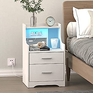 Nightstand with Charging Station & LED Lights, White Nightstand with 2 Drawers and Open Storage, Bed Side Table Night Stand for Bedroom Living Room Office, White Wood Side Table