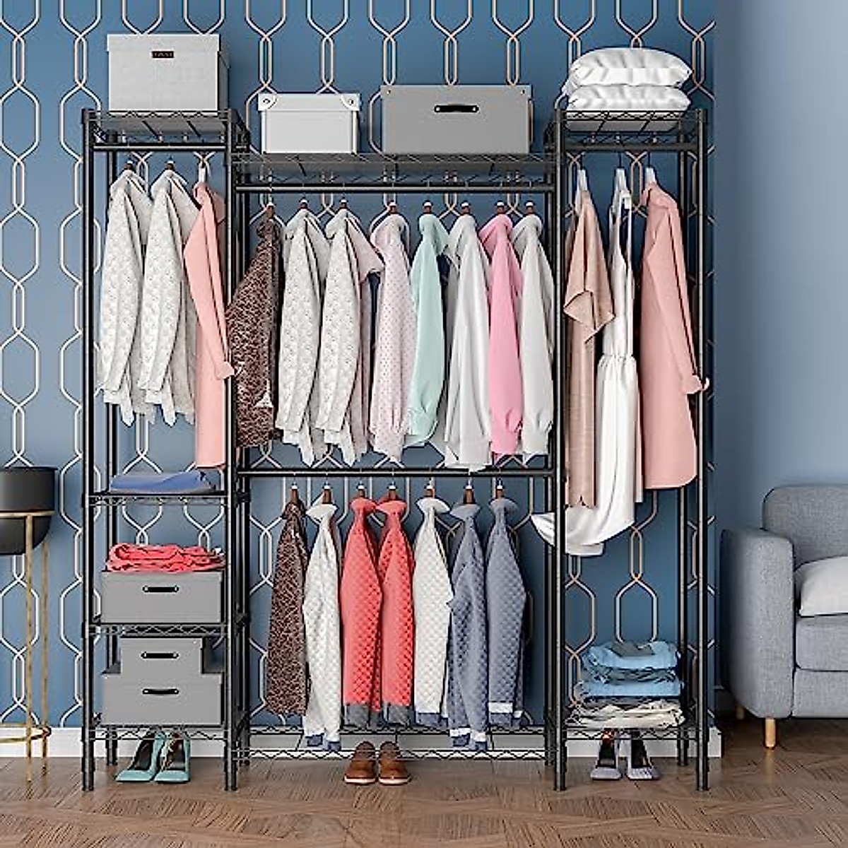 Serxis Garment Rack Heavy Duty Clothes Rack for Hanging Clothes,Metal Garment Rack,Freestanding Clothing Rack,Adjustable Custom Closet Rack,54" L x 13.8" W x 75.8" H, Max Load 750LBS,Black