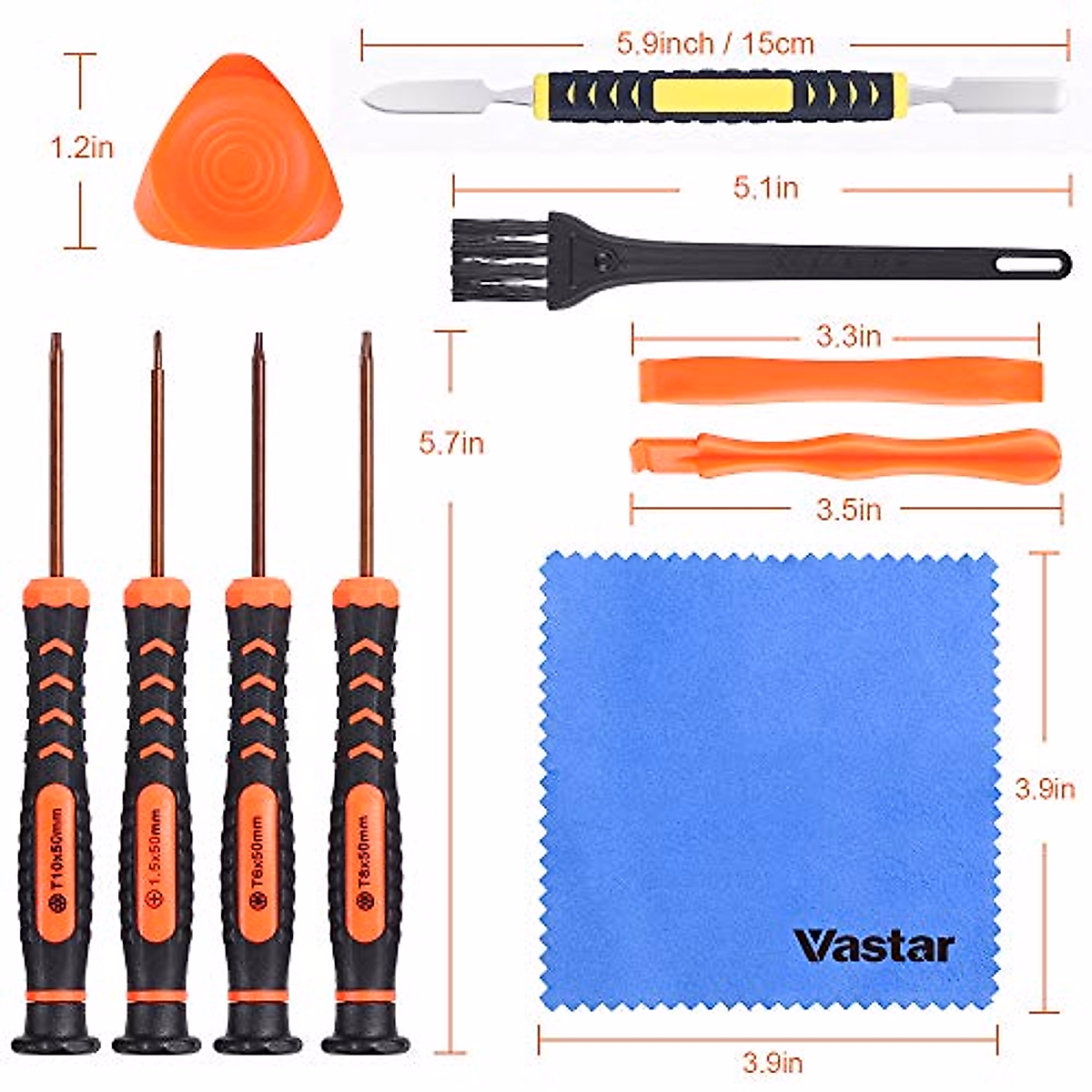 Vastar Repair Tool Kit for Xbox One 360 PS3 PS4 PS5 Controller XBOX series X|S, 12 in 1 T6 T8 T10 Xbox One Screwdriver Set with Cross Screwdriver 1.5, Safe Pry Tools, Cleaning Brush & Cloth in EVA Bag