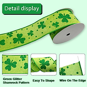 St Patrick's Day Ribbons 2.5" 10 Yards, Black White Plaid Wired Edge Burlap Ribbon Green Glitter Shamrock Wrapping Ribbon for St Patrick's Day Birthday Party Wrapping DIY Craft Decoration Wreaths Bow