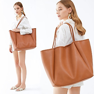 Oversize Vegan Leather Tote Women Weekender Bag Shopper Handbag Travel Purse (Brown)