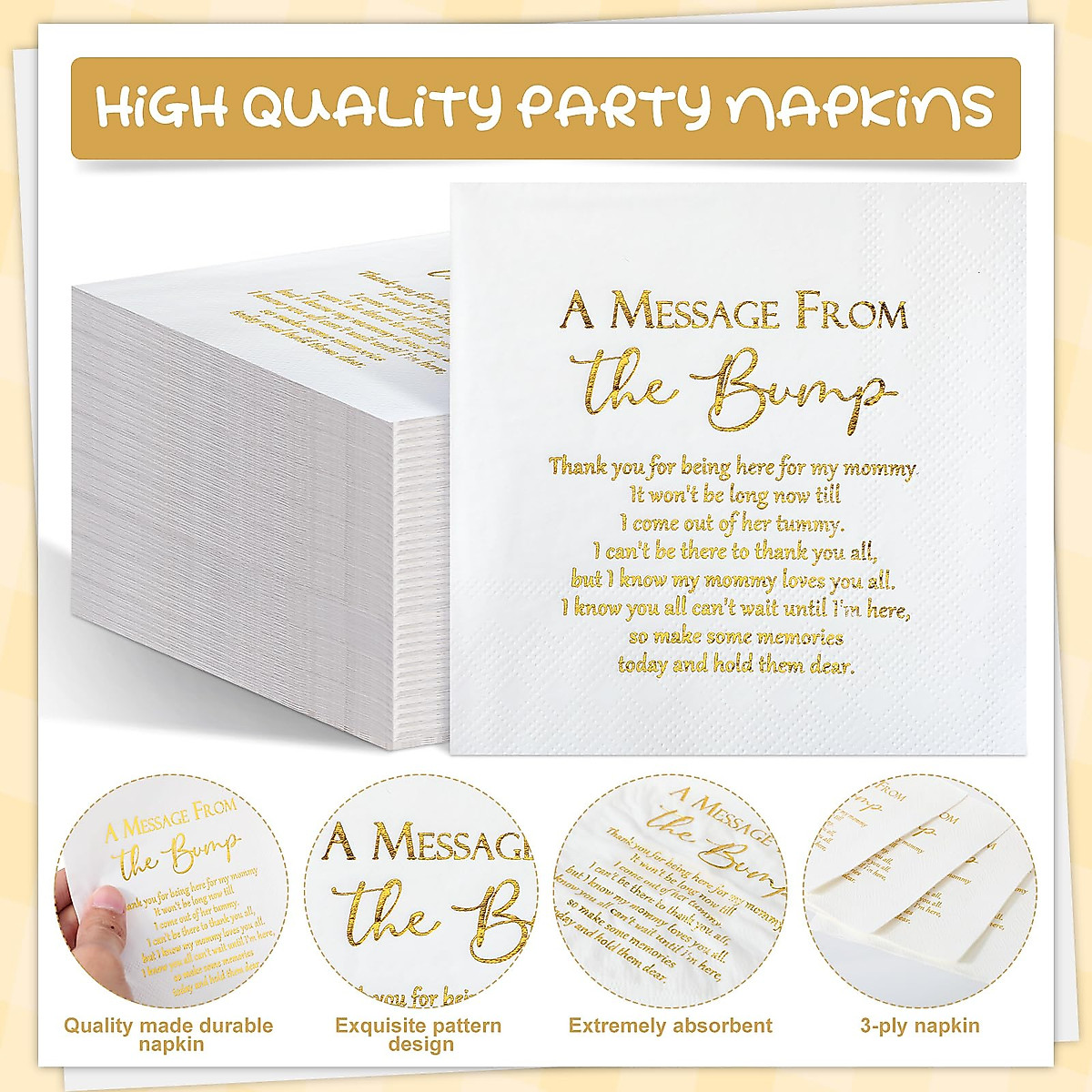 Colarr 100 Pcs Small Baby Shower Napkins 3 Ply Cocktail Napkins for Baby Shower 5 x 5 Inch A Message from the Bump Disposable Gender Reveal Napkins with Gold Foil for Baby Welcome Party(White)