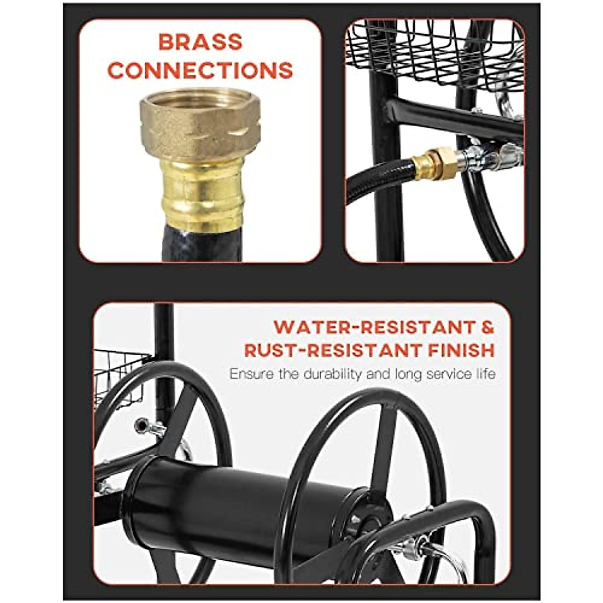 Garden Hose Reel Cart with Wheels for Outdoor Holds 300-Feet of 5/8-Inch Hose Yard Water Planting Truck w/Storage Basket, Heavy Duty Metal Garden Lawn Water Truck 4 Wheels, Black