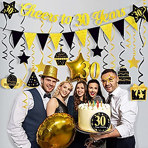 PRE-STRUNG 30th Birthday Banner, Cheers to 30 Years Banner, Happy 30th Birthday Hanging Swirl Ceiling Decoration for Men Women Him Her, Black Gold 30 Year Old Birthday Party Decor Kit, 30PCS, Vicycaty