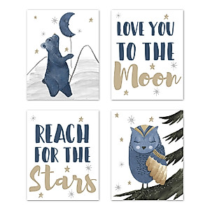Sweet Jojo Designs Woodland Bear and Owl Wall Art Prints Room Decor for Baby, Nursery, and Kids - Set of 4 - Navy Blue, Grey, Gold and Black Celestial Moon Star Watercolor Forest Animal