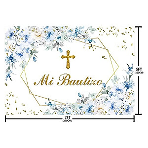 ABLIN 7x5ft Mi Bautizo Backdrop Mexican Baptism Party Decorations God Bless Boy First Holy Communion Banner Blue Flower Background Christening Newborn Baby Shower Decor Props, CQ304
