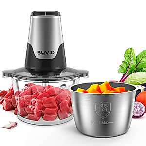 Syvio Food Processors with 2 Bowls, Meat Grinder 4 Bi-Level Blades, Mini Electric Food Chopper 400W, for Baby Food, Meat, Onion, Vegetables, 2 Speed, 8 Cup and 5 Cup