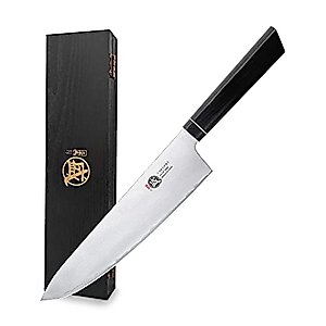 MITSUMOTO SAKARI 8 inch Gyuto Cooking Knife, Hand Forged Kitchen Meat Knife, Professional Japanese Chef Knife (G10 Handle & Gift Box)