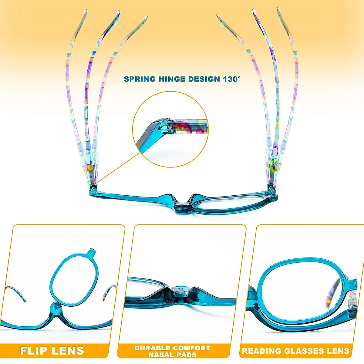 JO 2 Packs Makeup Reading glasses Magnifying Readers for Women with Spring Hinge One Eye Cosmetic Readers Rotating Lens (Tortoise/Blue, 2.5, x)