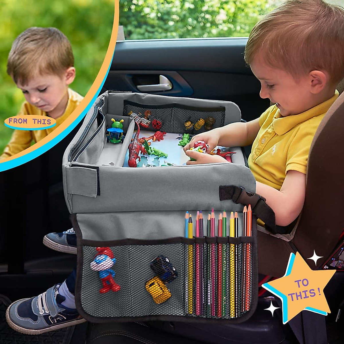 Kids Travel Tray, Carseat Tray for Kids Travel, Road Trip Essentials Kids Car Tray, Car Seat Tray & Kids Lap Tray - Keeps Children Entertained | Portable & Foldable Car Seat Table Tray for Kids