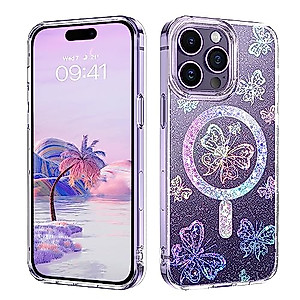 GUAGUA for iPhone 14 Pro Max Magnetic Case, Compatible with Magsafe Clear Glitter Butterfly Slim TPU Transparent Shockproof Protective Bling Phone Case for iPhone 14 Pro Max 6.7", Fantasy Butterfly