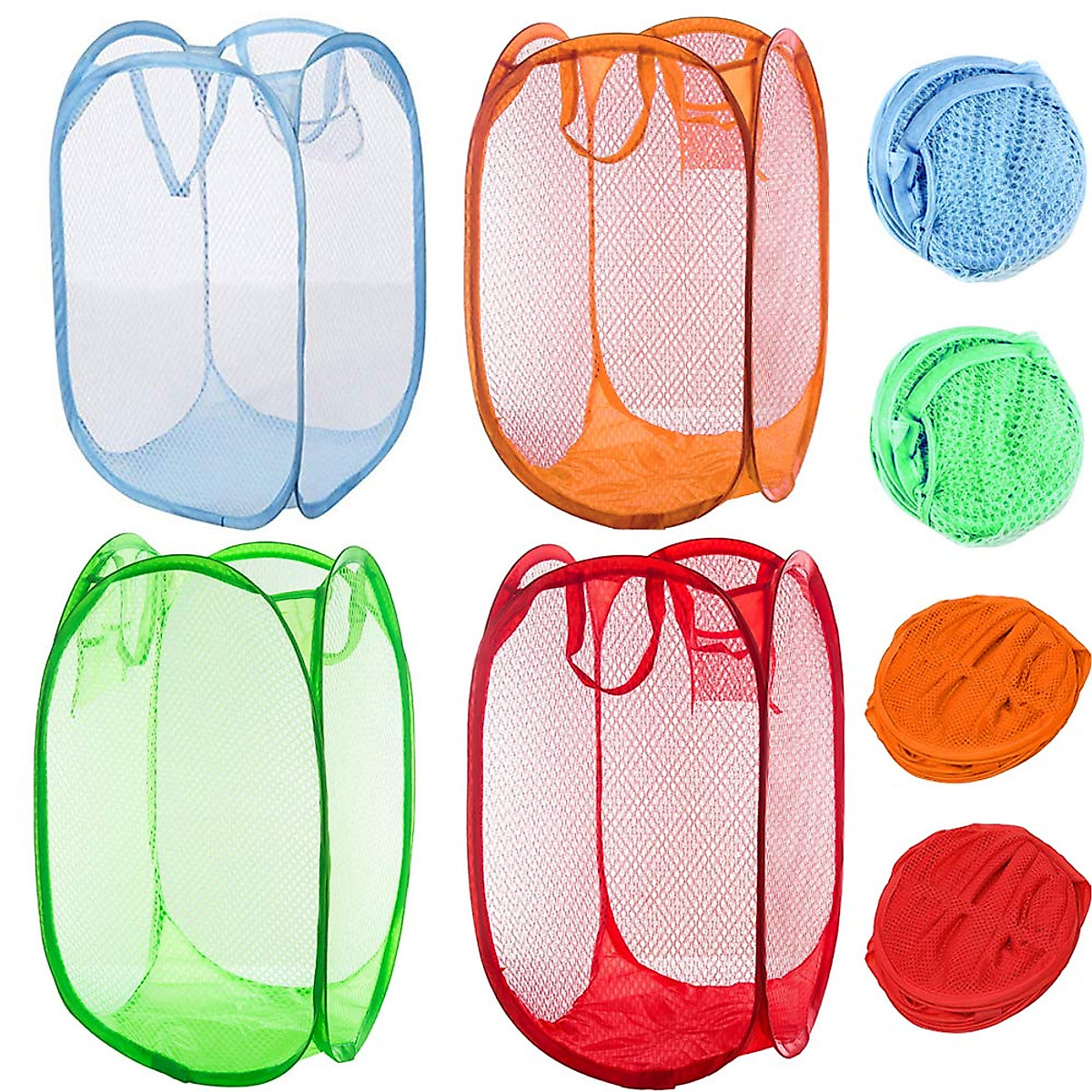 Qtopun Mesh Popup Laundry Hamper, 4 Pack Foldable Portable Dirty Clothes Basket for Bedroom, Kids Room, College Dormitory and Travel (Red,Orange,Green, Light blue)