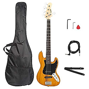 Bass & Guitar Accessories Glarry Gjazz Electric 5 String Bass Guitar Full Size Bag Strap Pick Connector Wrench Tool Transparent Yellow