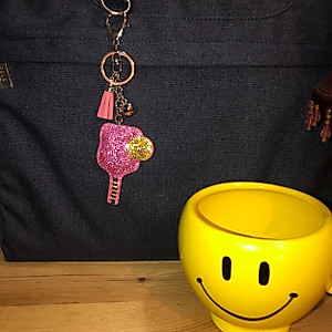 Popfizzy Bling Pink Pickleball Keychain for Women, Rhinestone Pickleball Backpack Keychain for Girls, Fun Pickleball Gifts