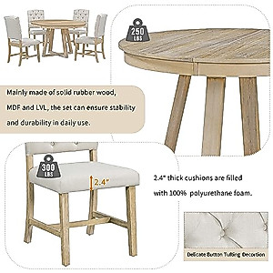 5 PCS Extendable Upholstered Dining Sets Include Round Table and 4 Chairs for Dining Room and Living Room ,More Functional Design with 16"W Butterfly Leaf Convertible to Oval Tabletop, Natural+Grey