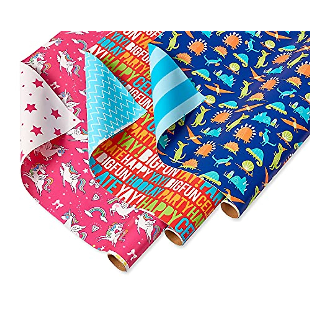 American Greetings Reversible Birthday and All Occasion Wrapping Paper for Kids, Unicorns and Dinosaurs (9 Rolls, 120 sq. ft.)